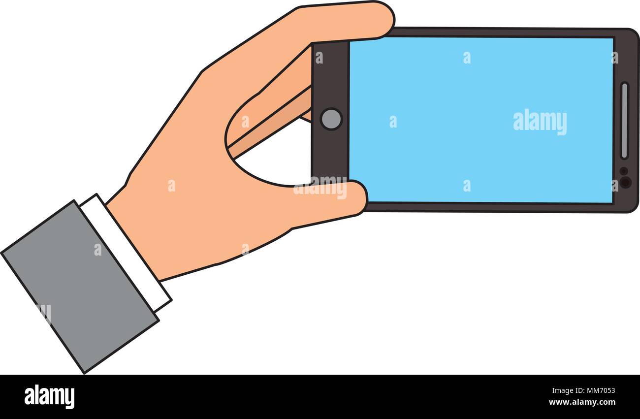 hand holds smartphone gadget technology vector illustration Stock ...