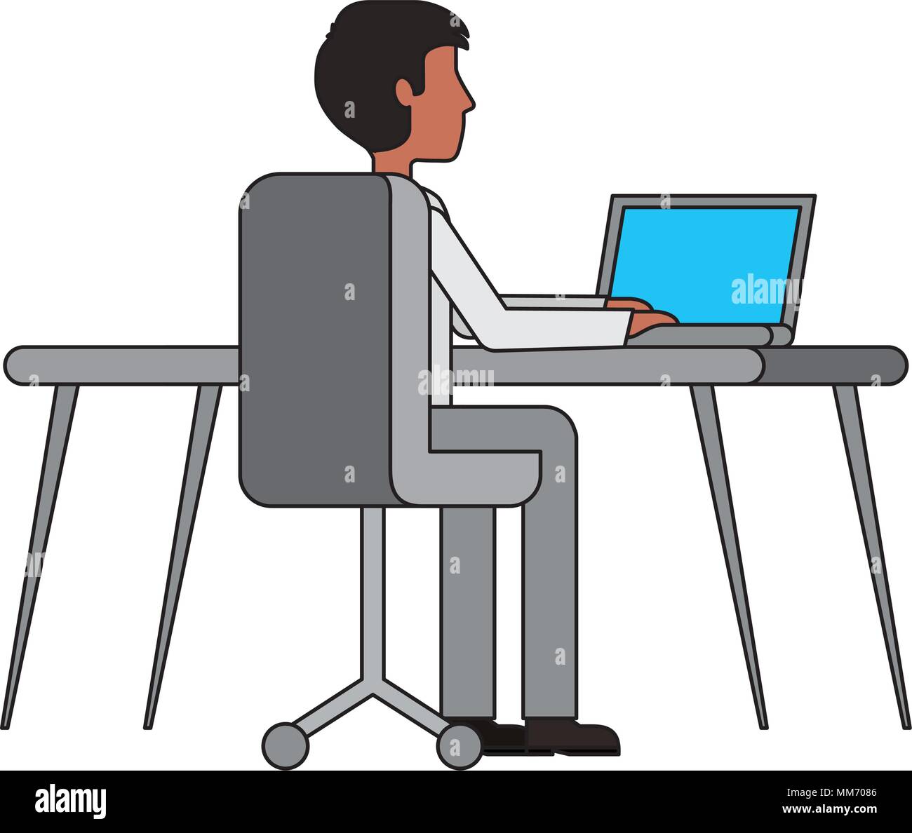 young man working in workplace desk and computer vector illustration ...