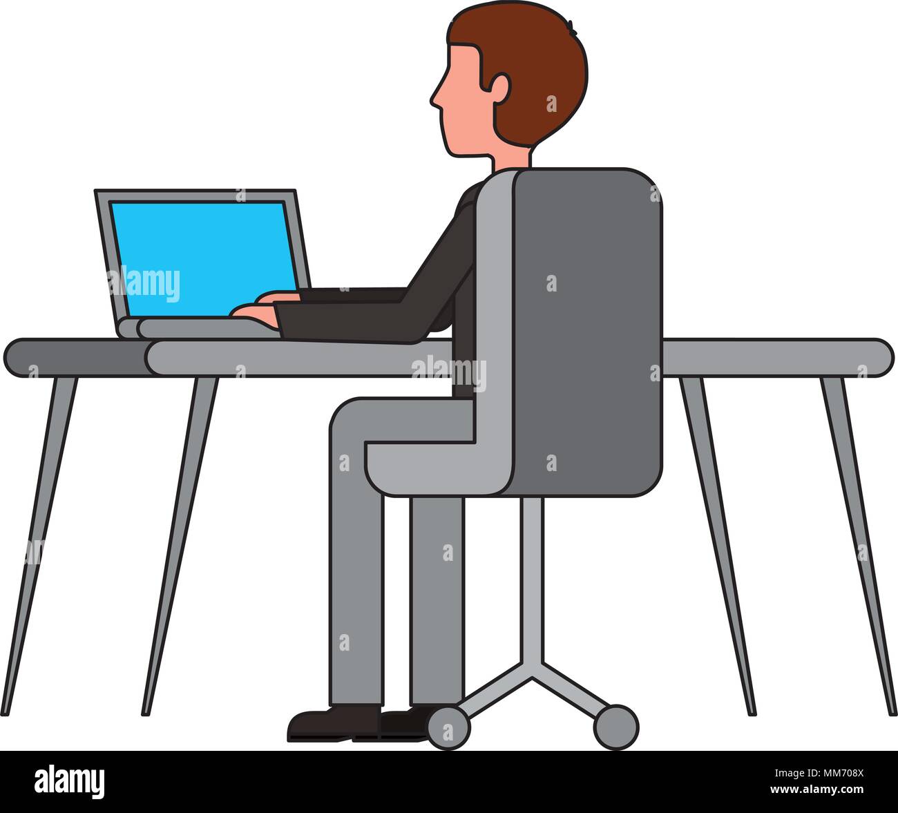 young man working in workplace desk and computer vector illustration ...