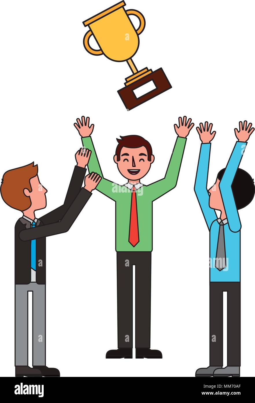 three business men with trophy celebration winner vector illustration ...