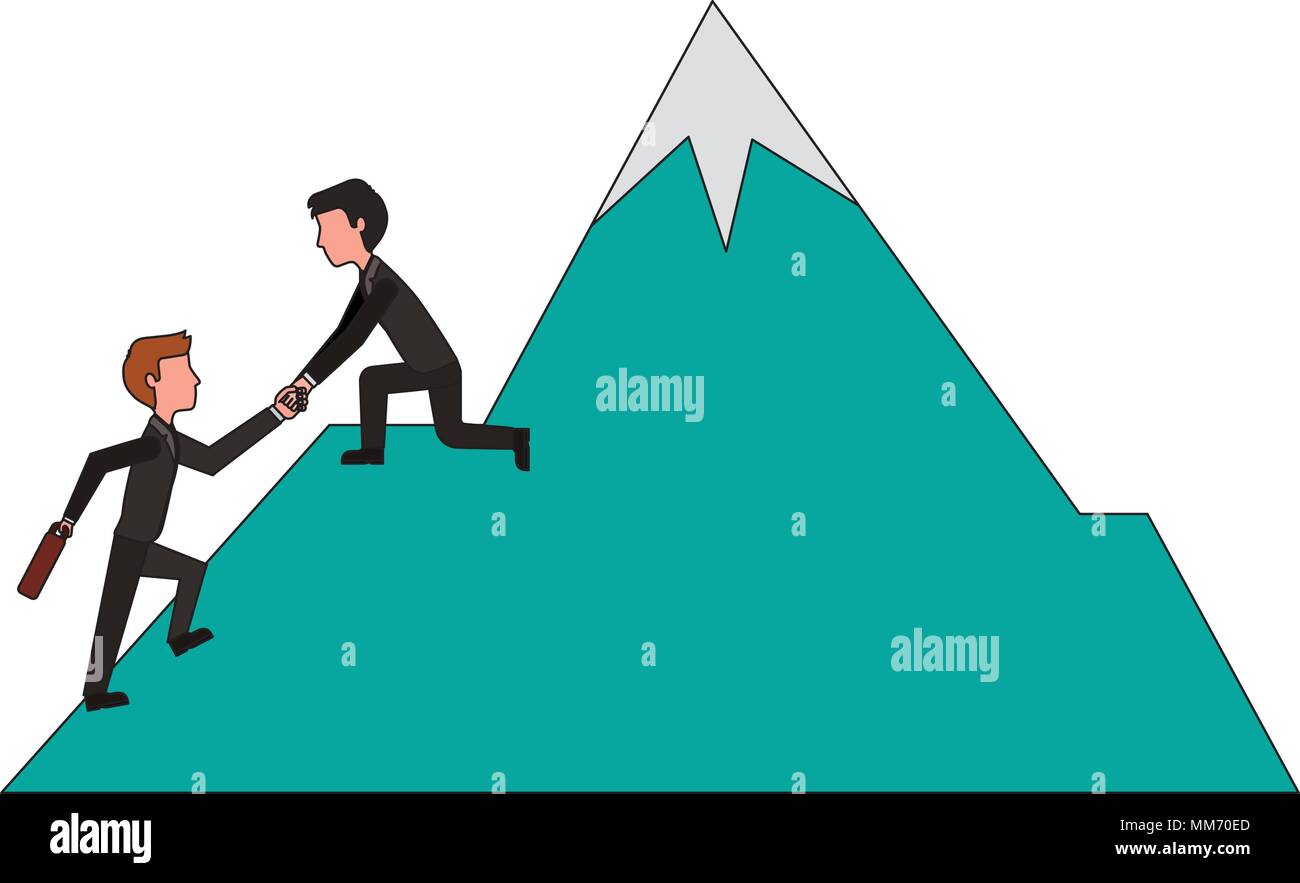 business man on mountain helping colleague or friend climbing ...