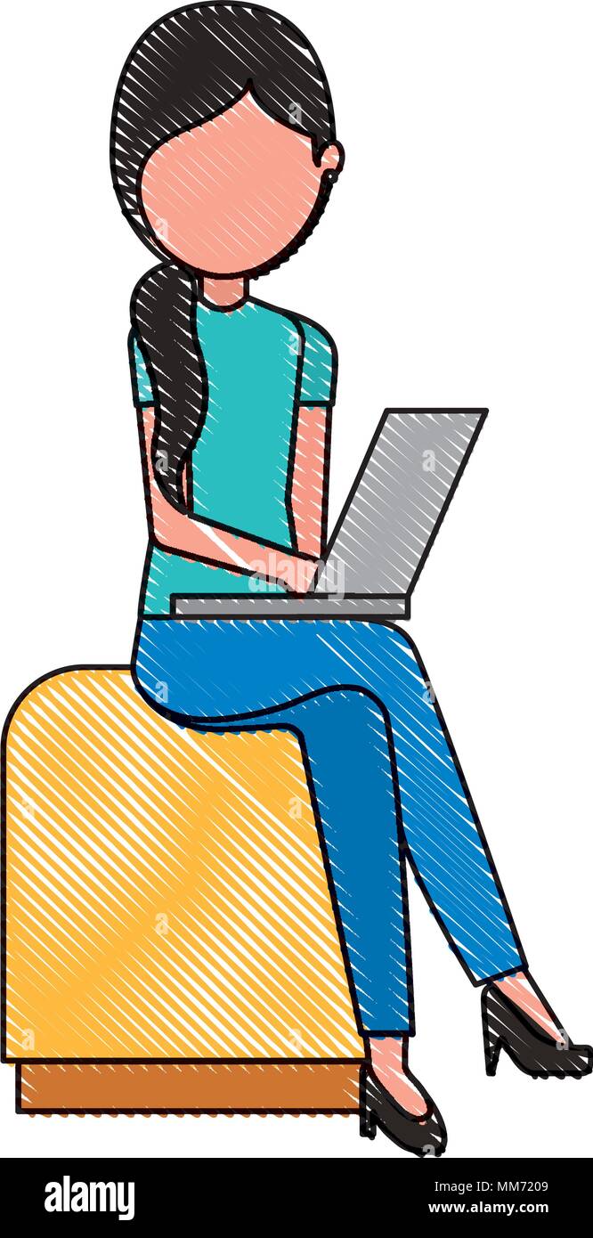 young woman sitting using laptop vector illustration drawing Stock ...