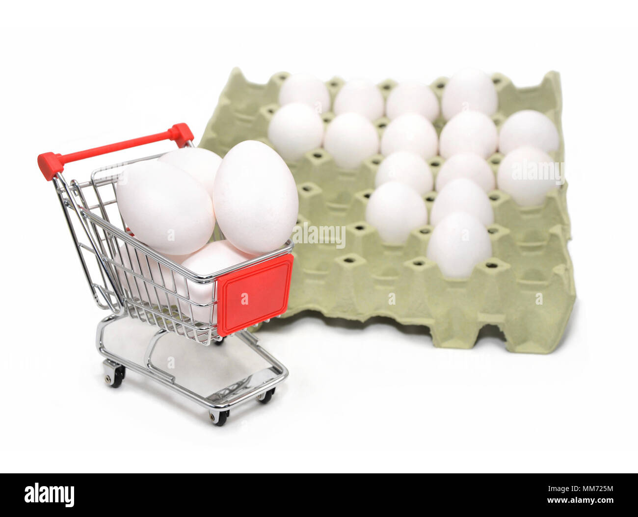 Shopping cart with white chicken eggs and egg crate on a white ...