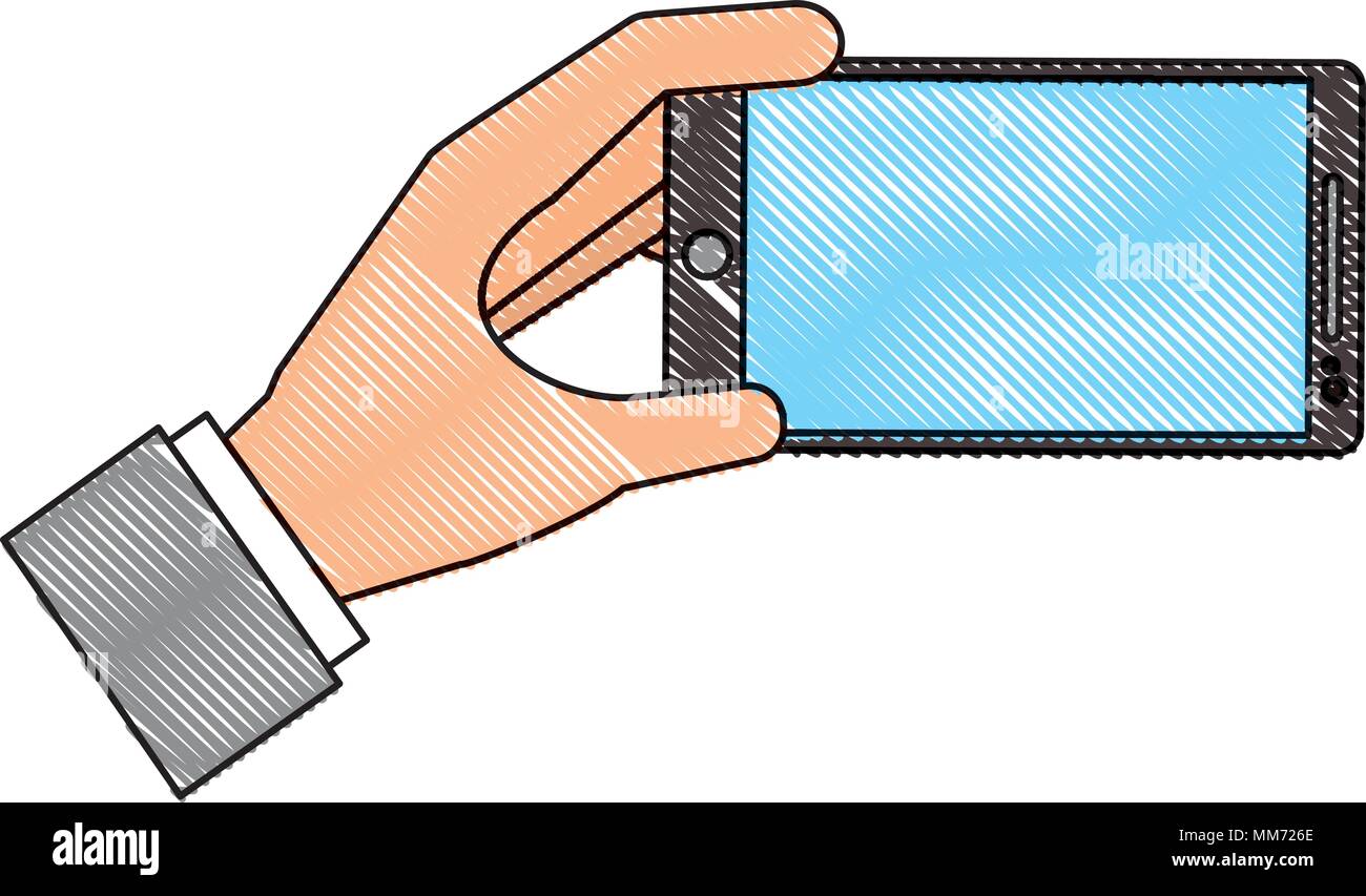 hand holds smartphone gadget technology vector illustration drawing ...