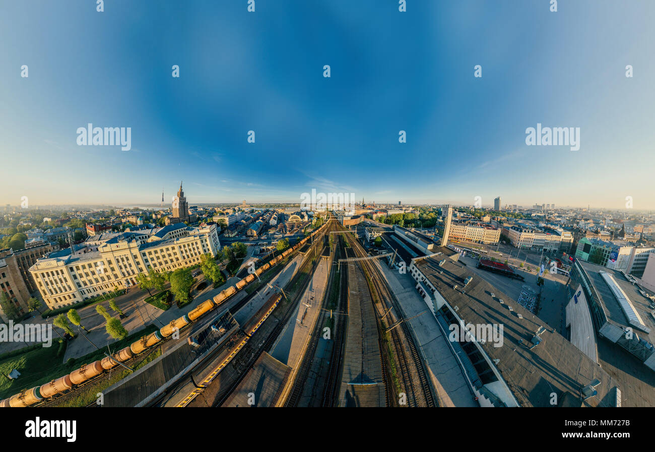 City Riga Rail roads and trains drone sphere 360 vr view Stock Photo ...