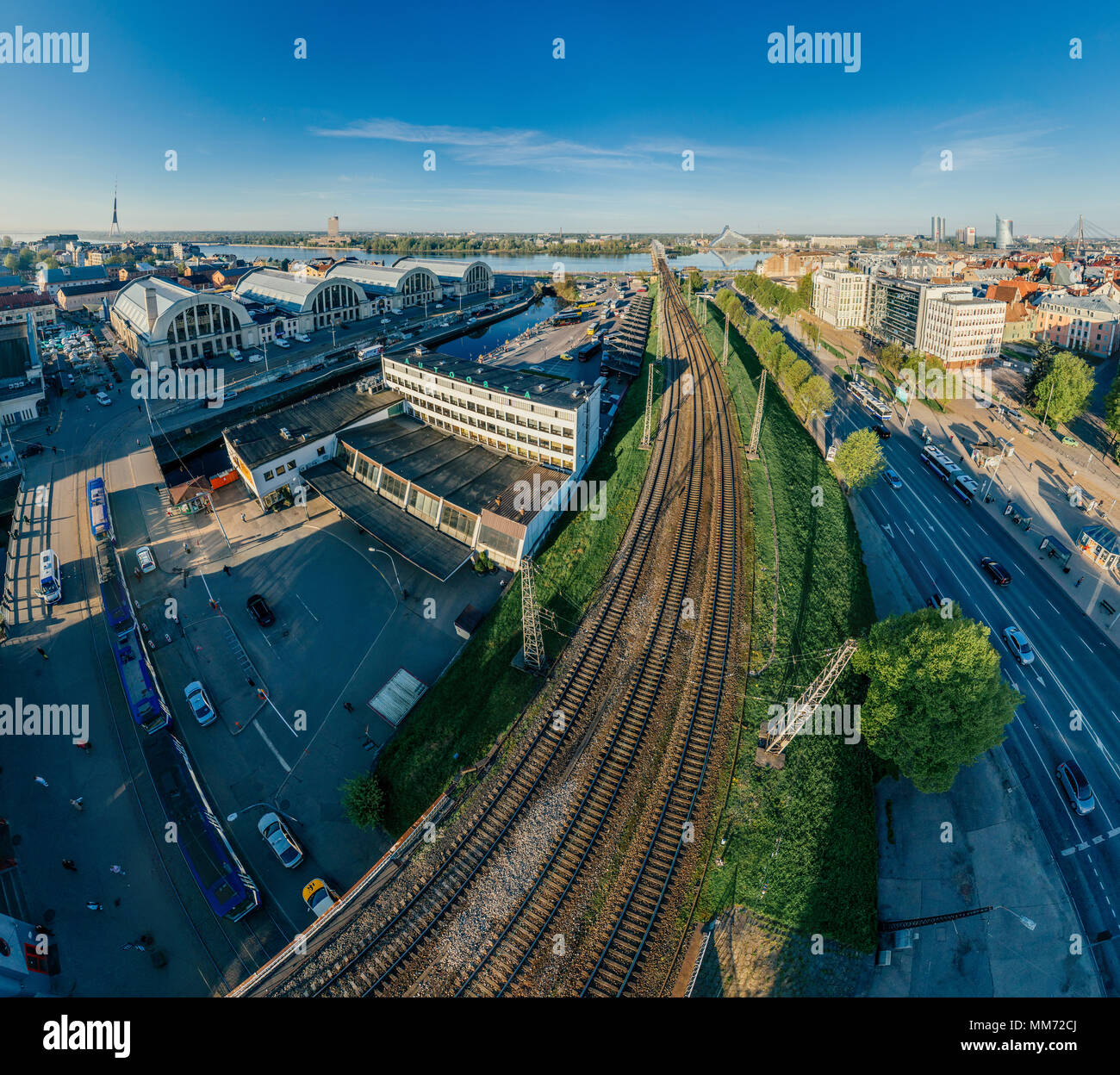 City Riga Rail roads and trains drone sphere 360 vr view Stock Photo ...