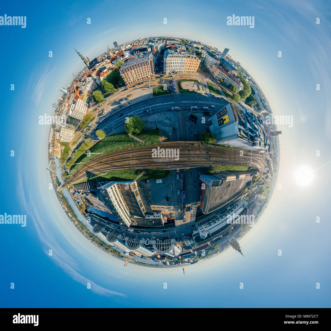 City Riga Rail roads and trains drone sphere 360 vr view Stock Photo ...