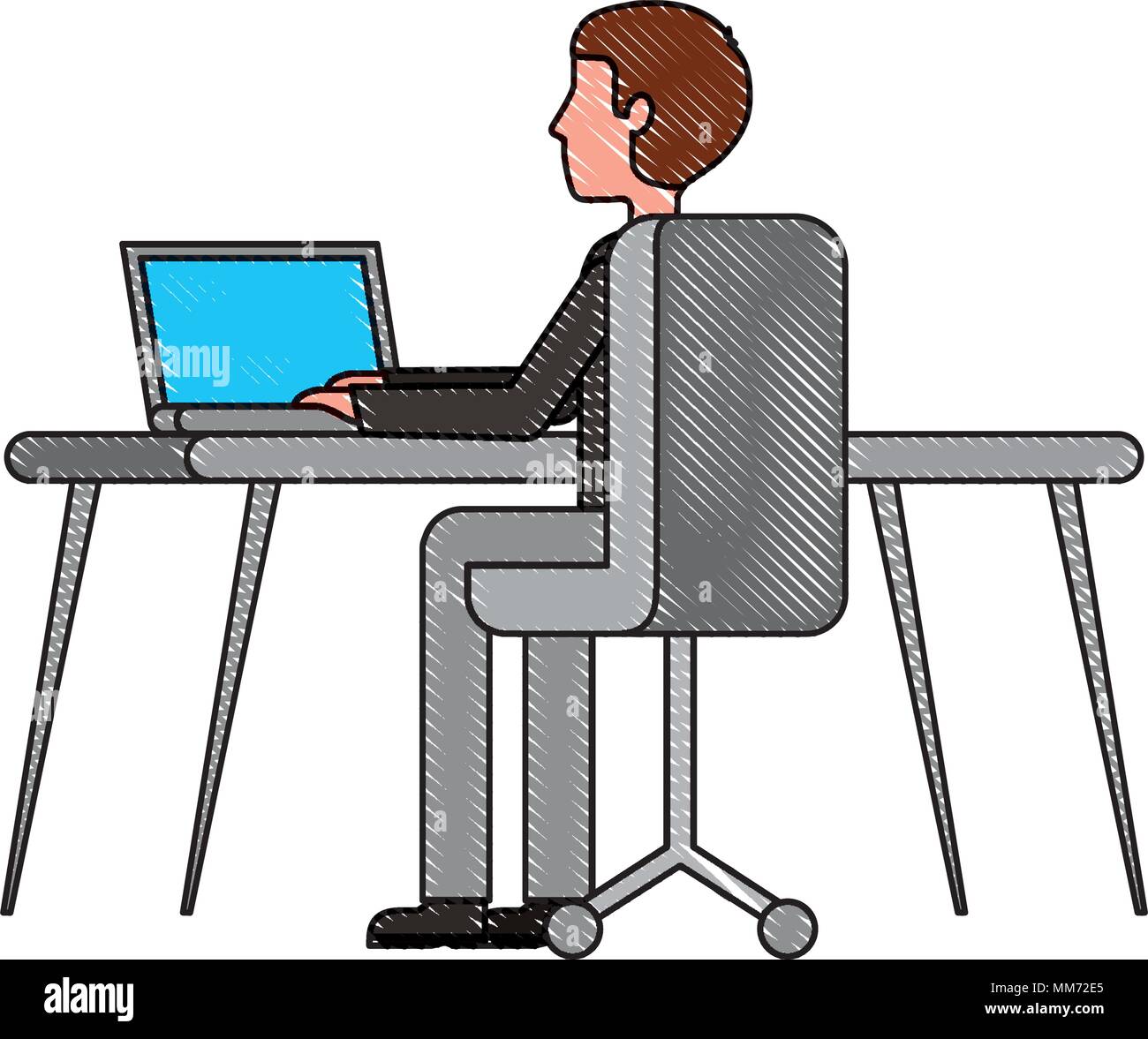 young man working in workplace desk and computer vector illustration ...