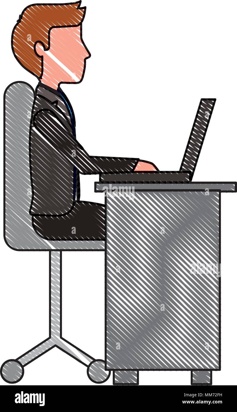young man working in workplace desk and computer vector illustration ...