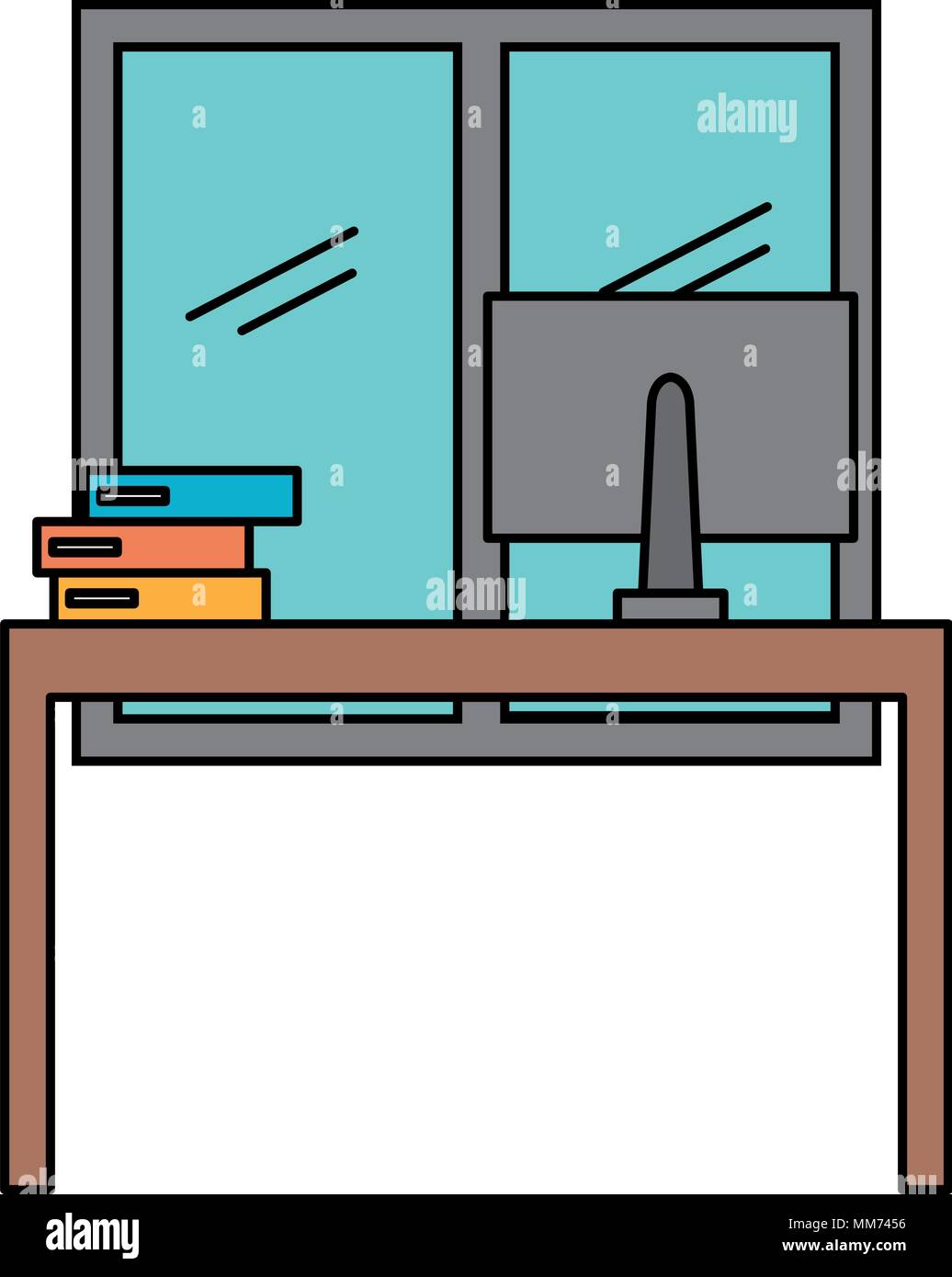 office workplace with computer and windows scene icons Stock Vector ...