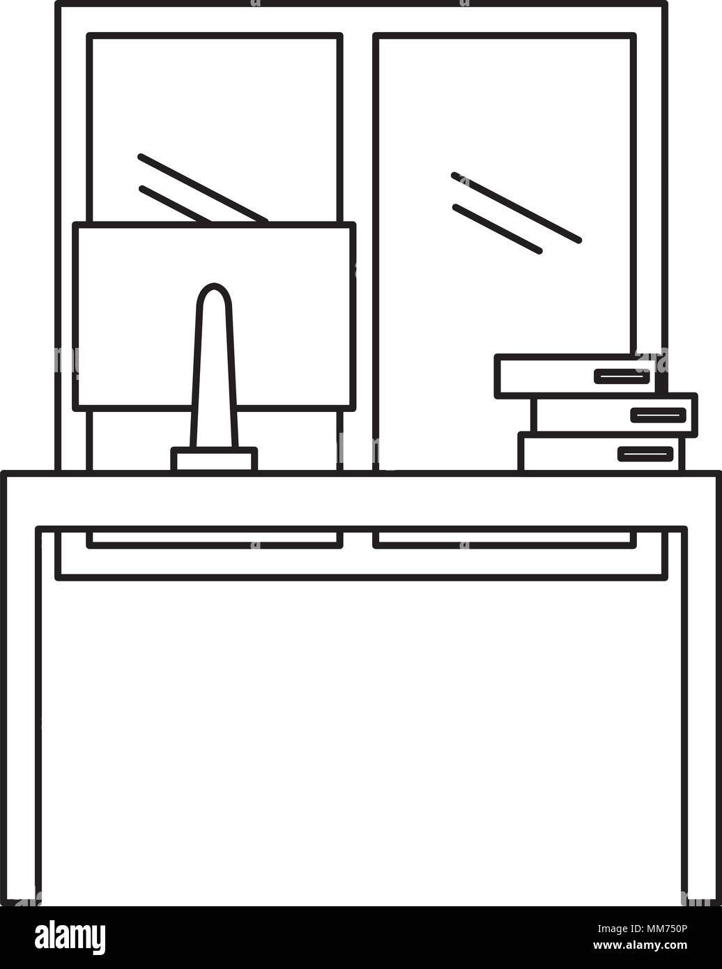 office workplace with computer and windows scene icons Stock Vector ...