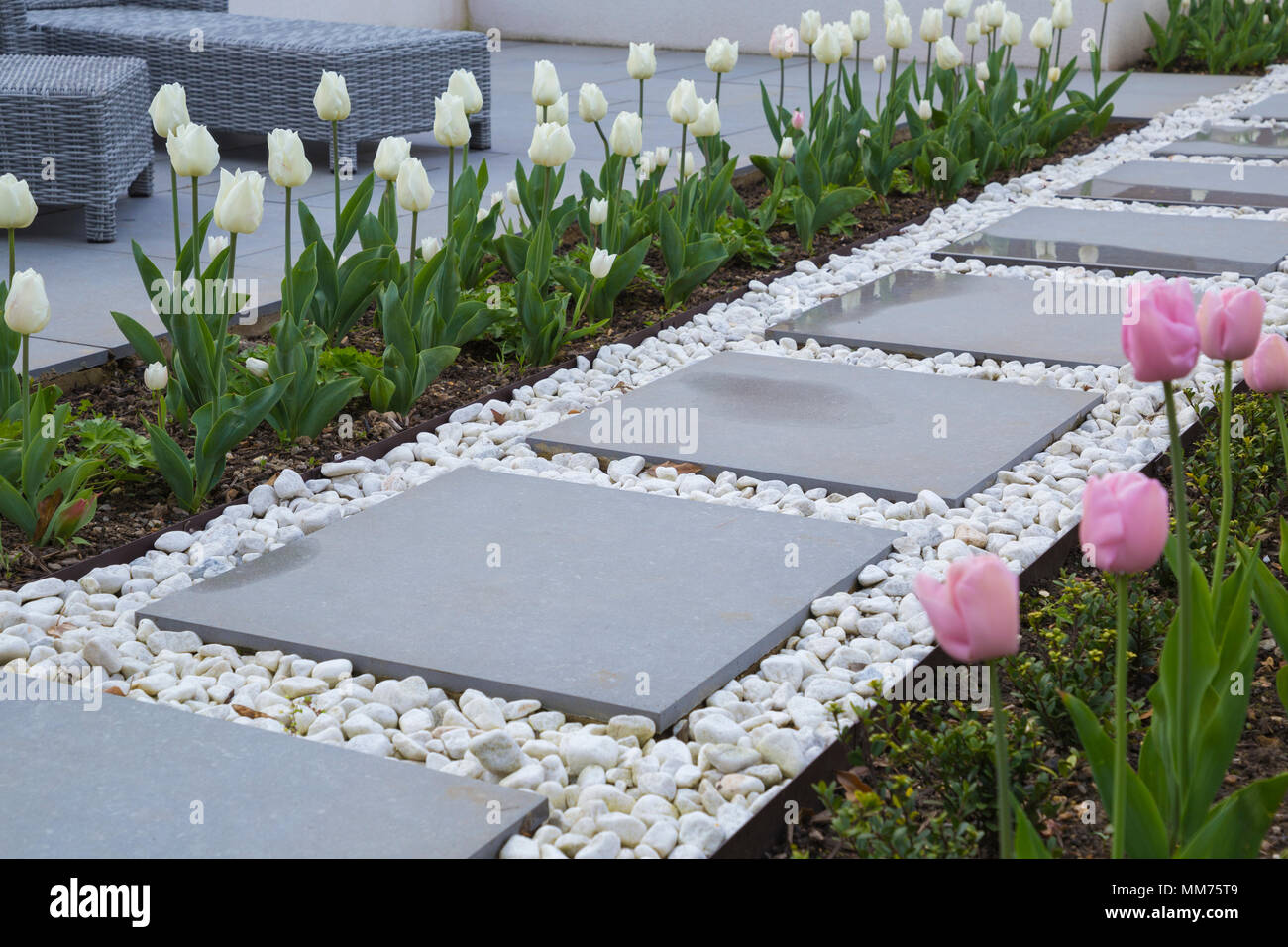 Symphony Vitrified Paving slabs form a path towards the house, with ...