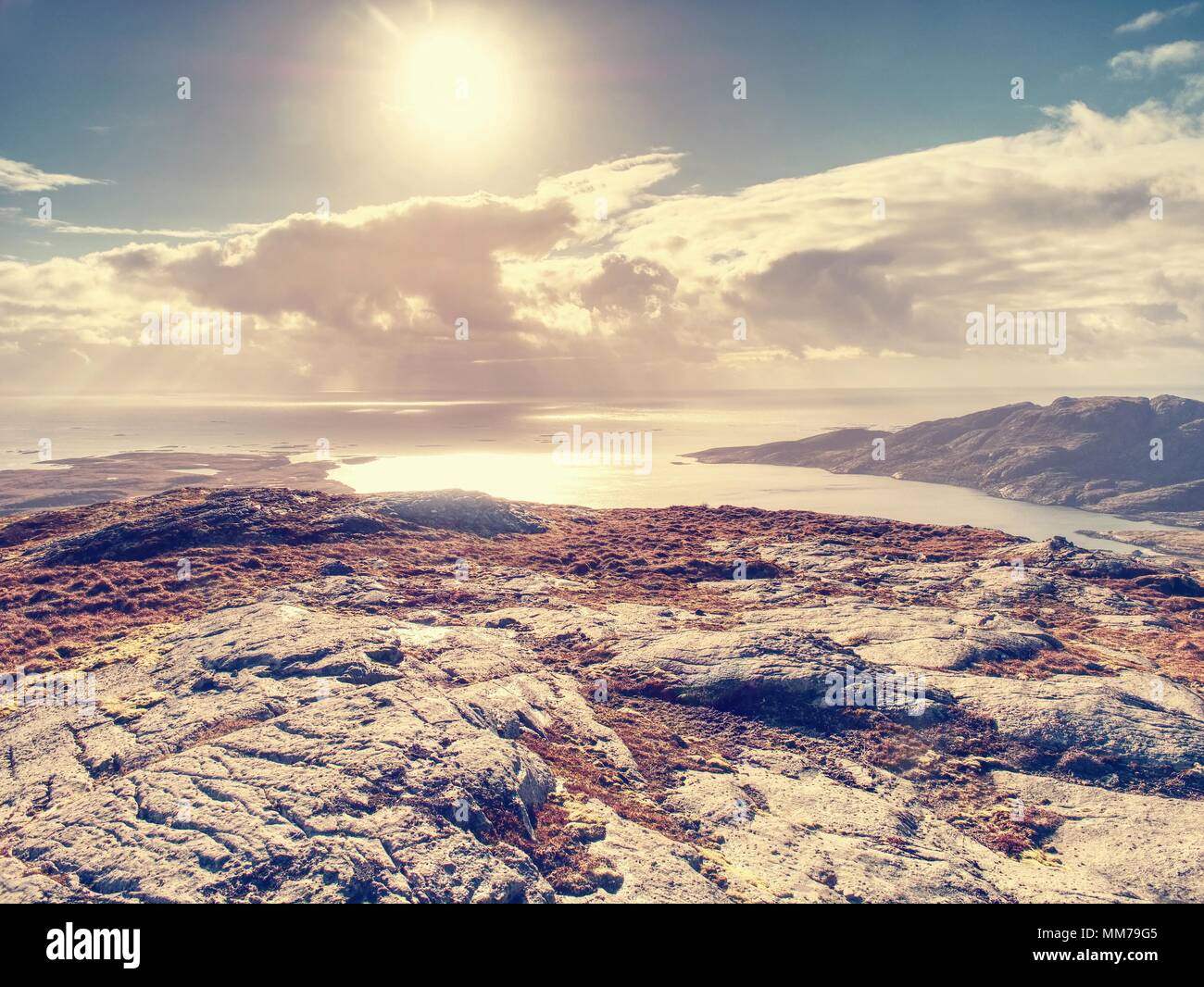 Norway Scandinavia landscape. Aerial view to bay with fishing village ...
