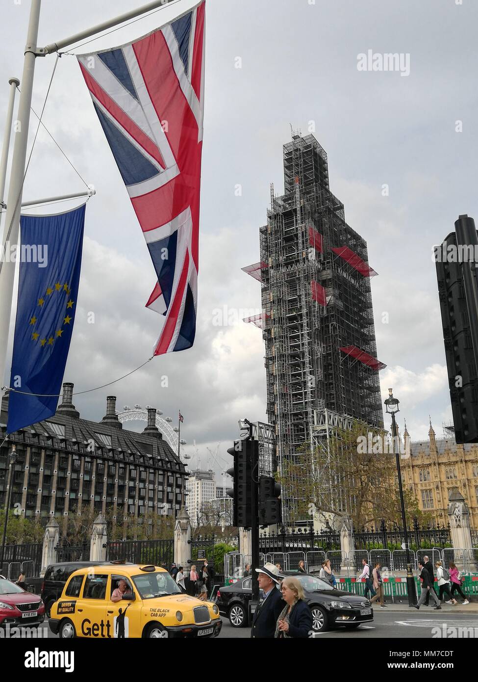 London, UK. 9th May, 2018. EU and UK flags still hung together at ...