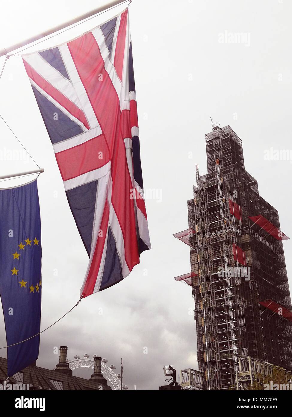 London, UK. 9th May, 2018. EU and UK flags still hung together at ...