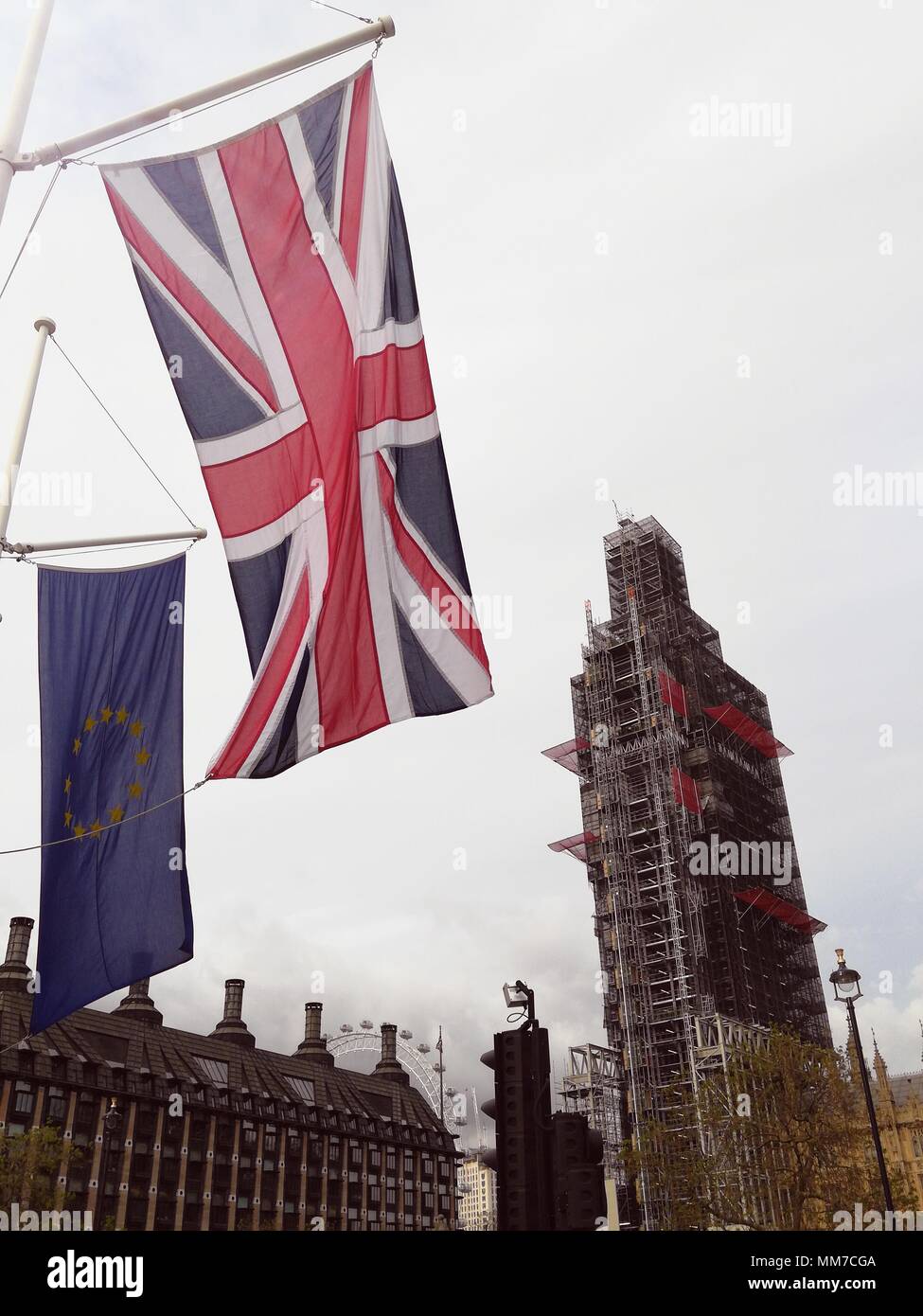 London, UK. 9th May, 2018. EU and UK flags still hung together at ...