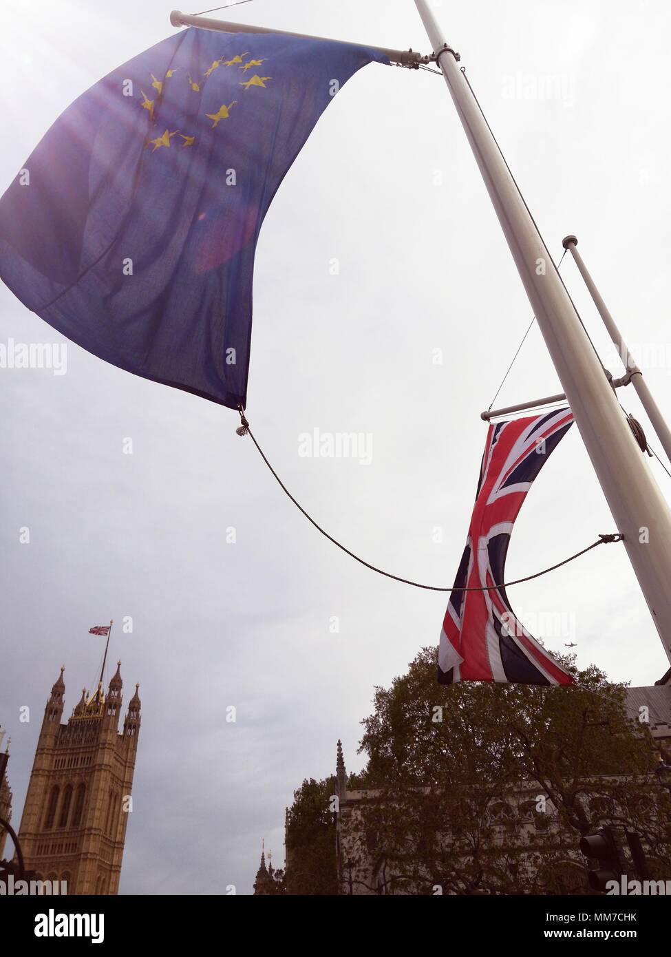London, UK. 9th May, 2018. EU and UK flags still hung together at ...