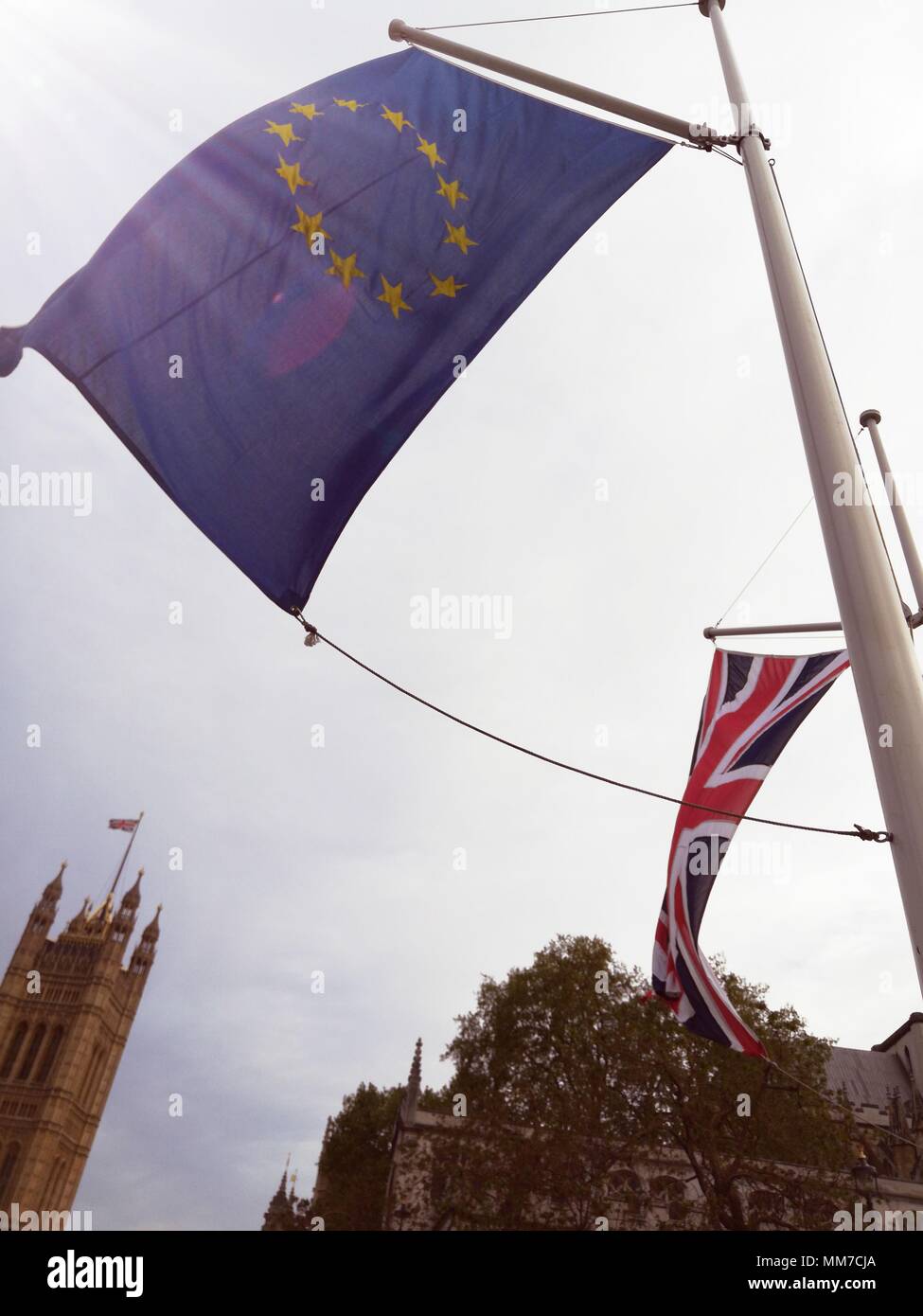 London, UK. 9th May, 2018. EU and UK flags still hung together at ...