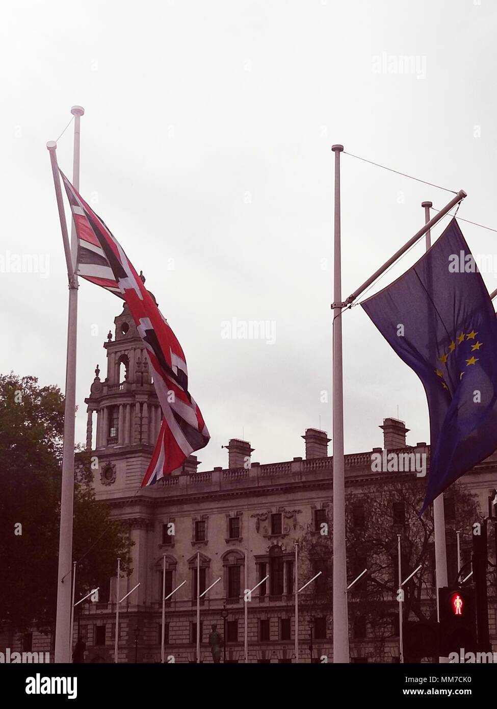 London, UK. 9th May, 2018. EU and UK flags still hung together at ...