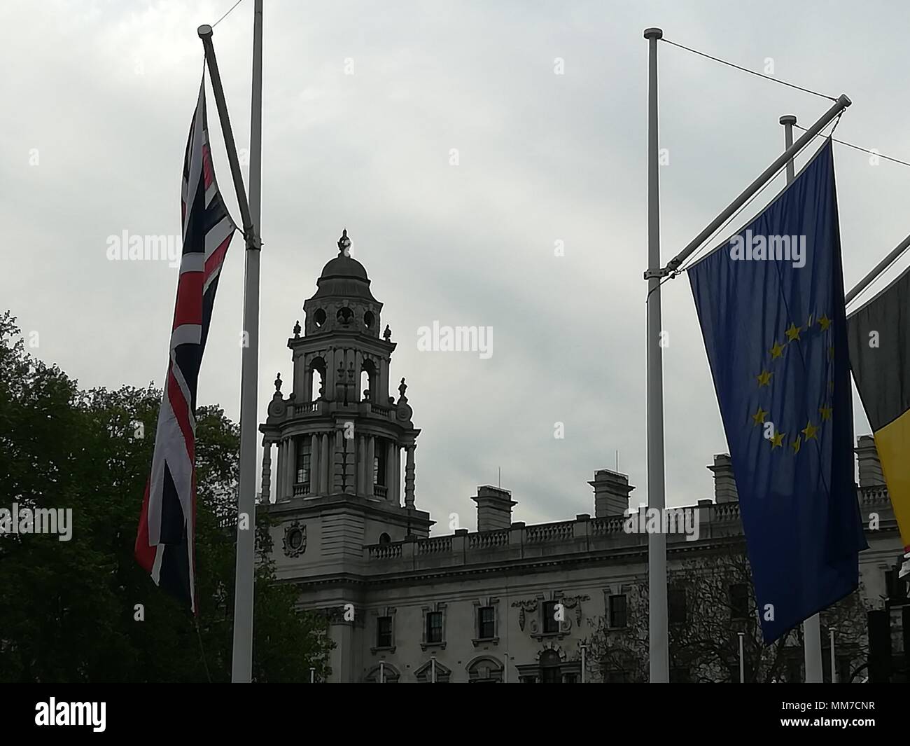 London, UK. 9th May, 2018. EU and UK flags still hung together at ...