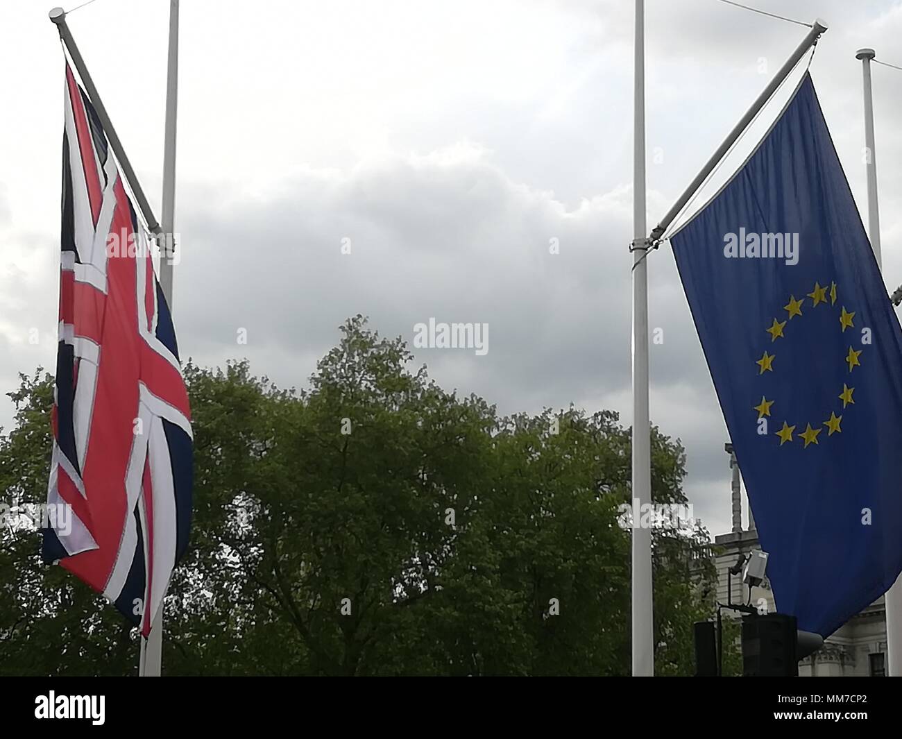 London, UK. 9th May, 2018. EU and UK flags still hung together at ...