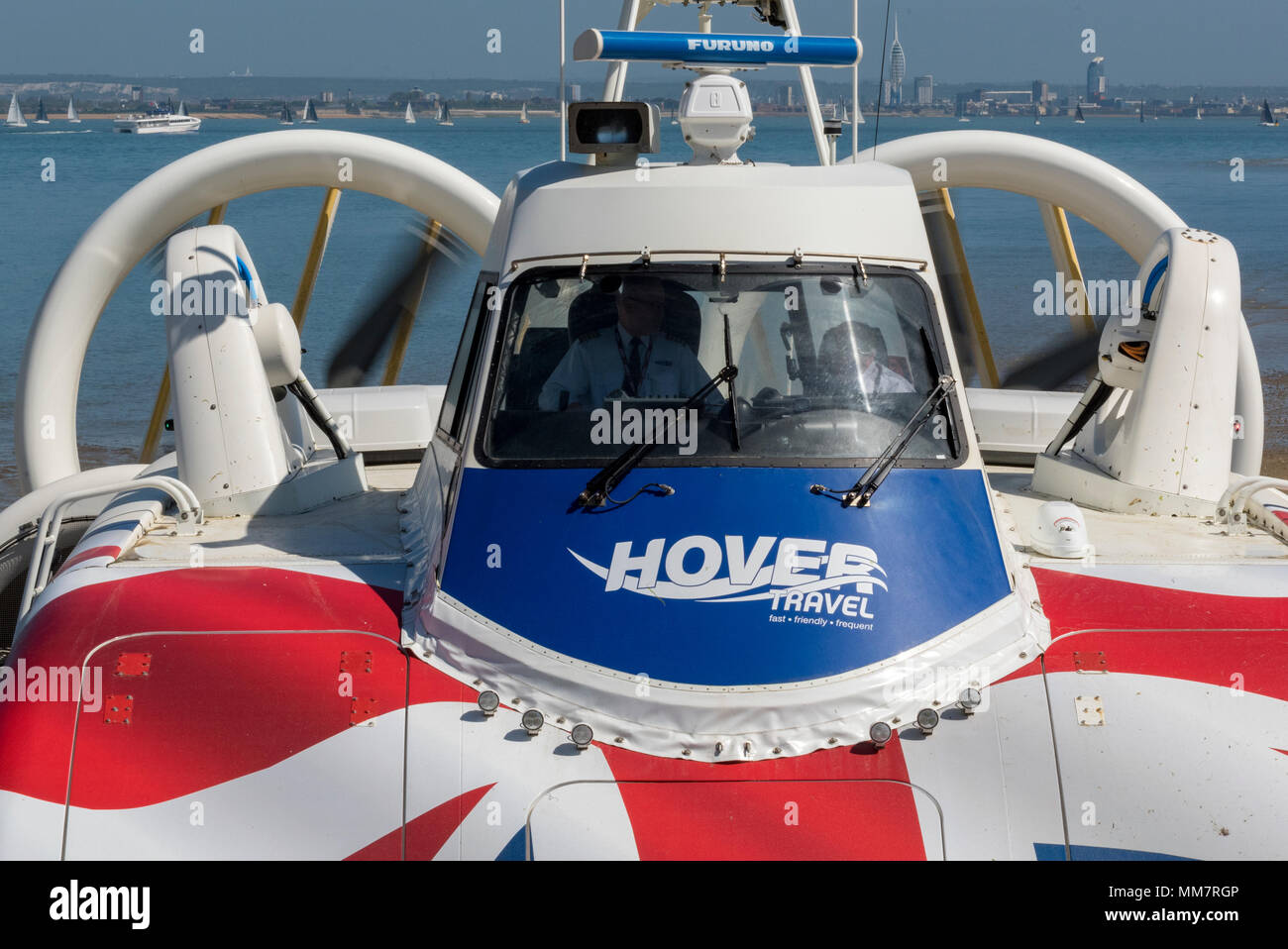 The cockpit of a modern cross Solent hovercraft on the slipway at Ryde ...