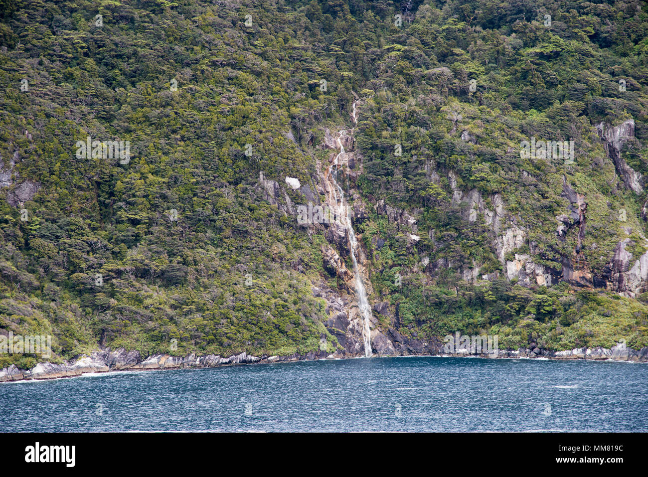 Lush, mountain landscape of the Tasman Sea glacier valley in Fiordland ...