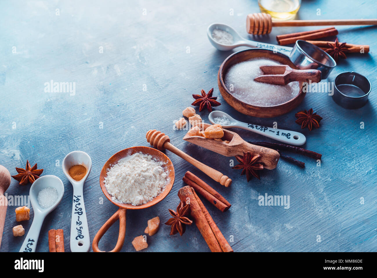 Cooking pastry close-up. Kitchen utensils for baking, flour, sugar ...