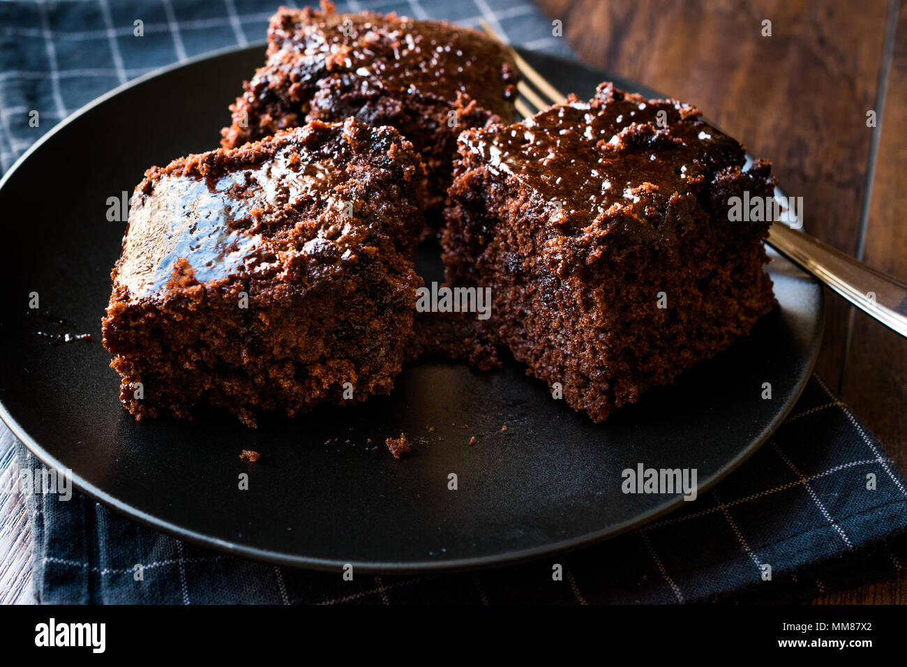 Moist Chocolate Sponge Cake Brownie Pieces in Black Plate. Organic ...