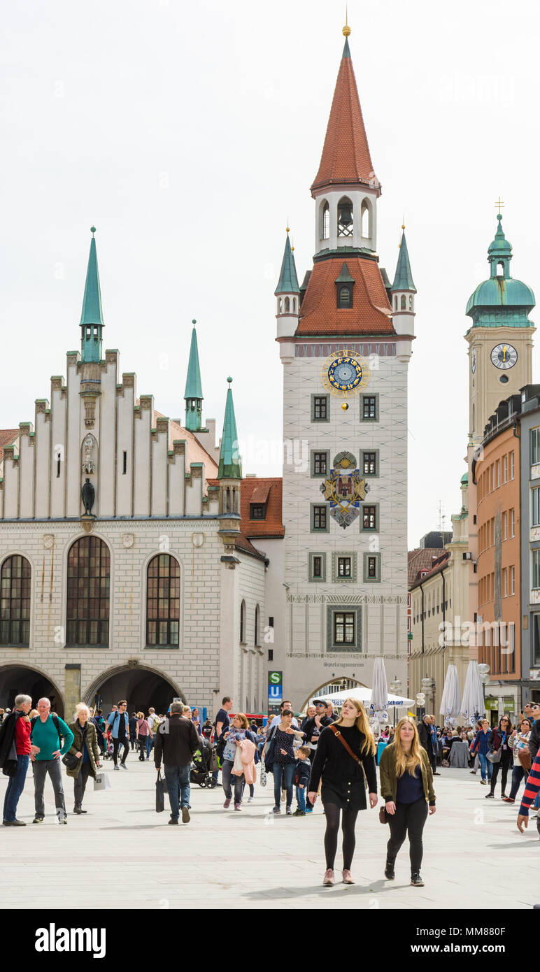 MUNICH, GERMANY - APRIL 4: Tourists at the Marienplatz square in Munich ...