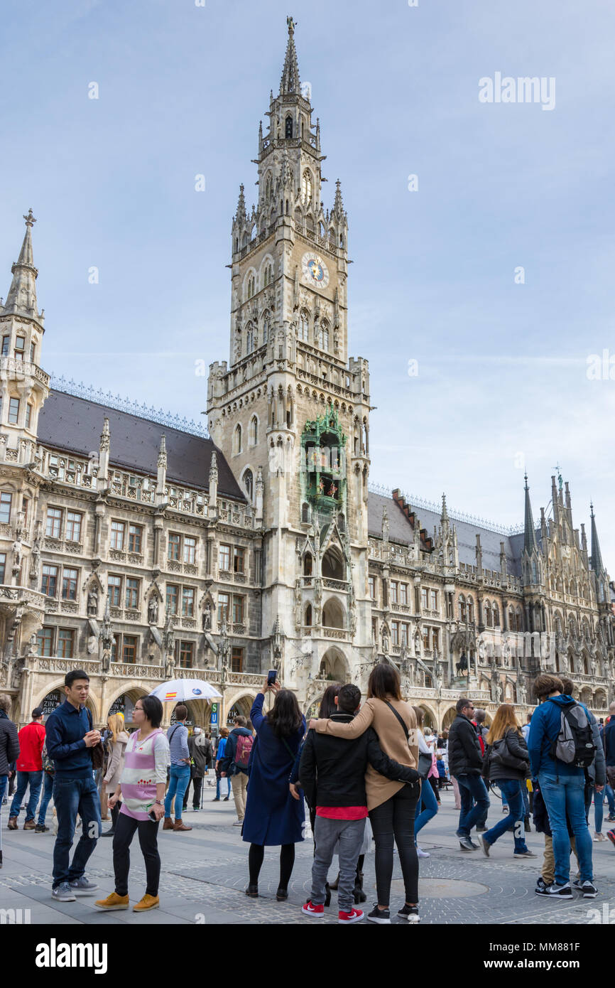 MUNICH, GERMANY - APRIL 4: Tourists at the Marienplatz square in Munich ...