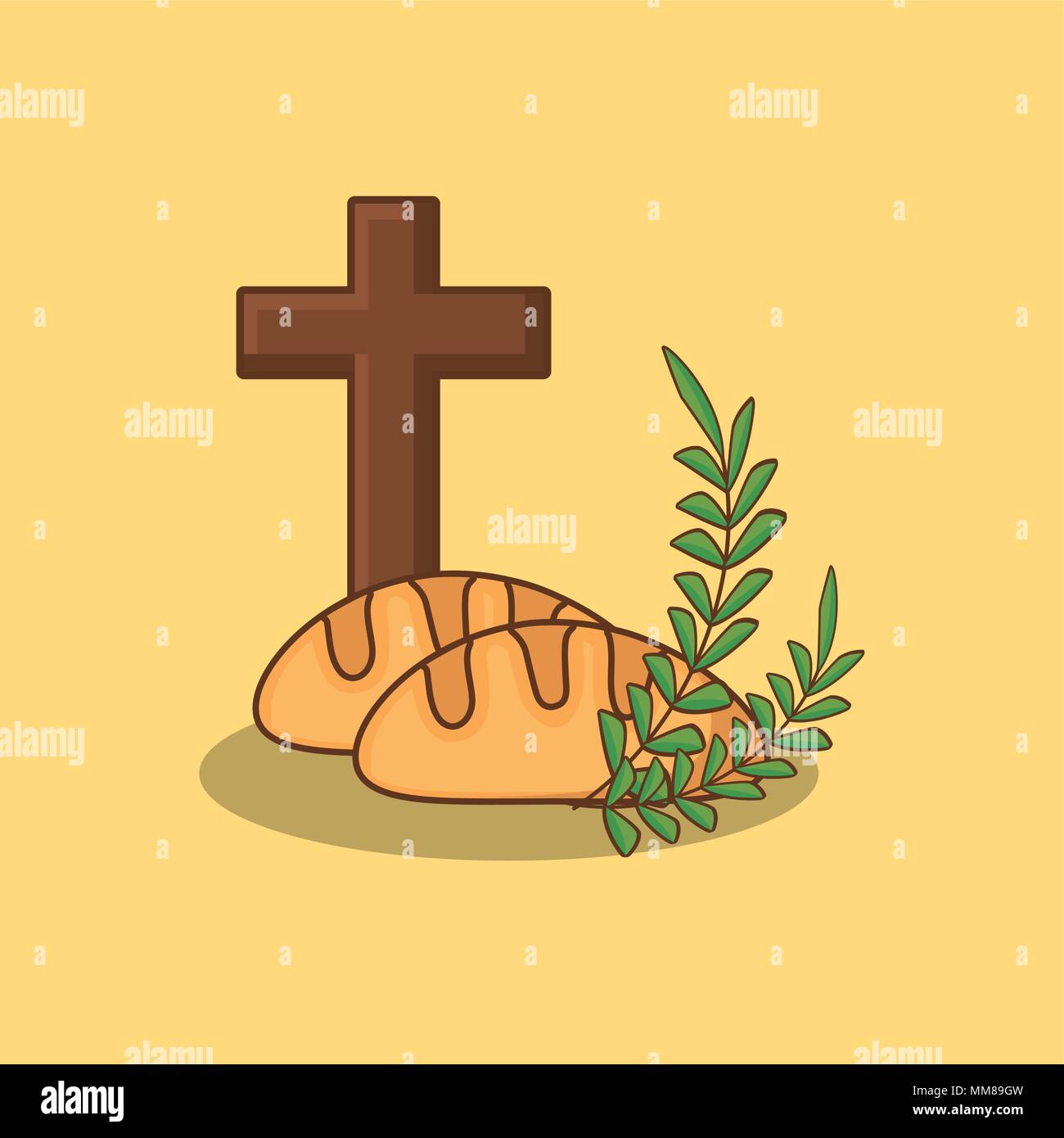 Religious cross with bread and leaves over yellow background, colorful ...