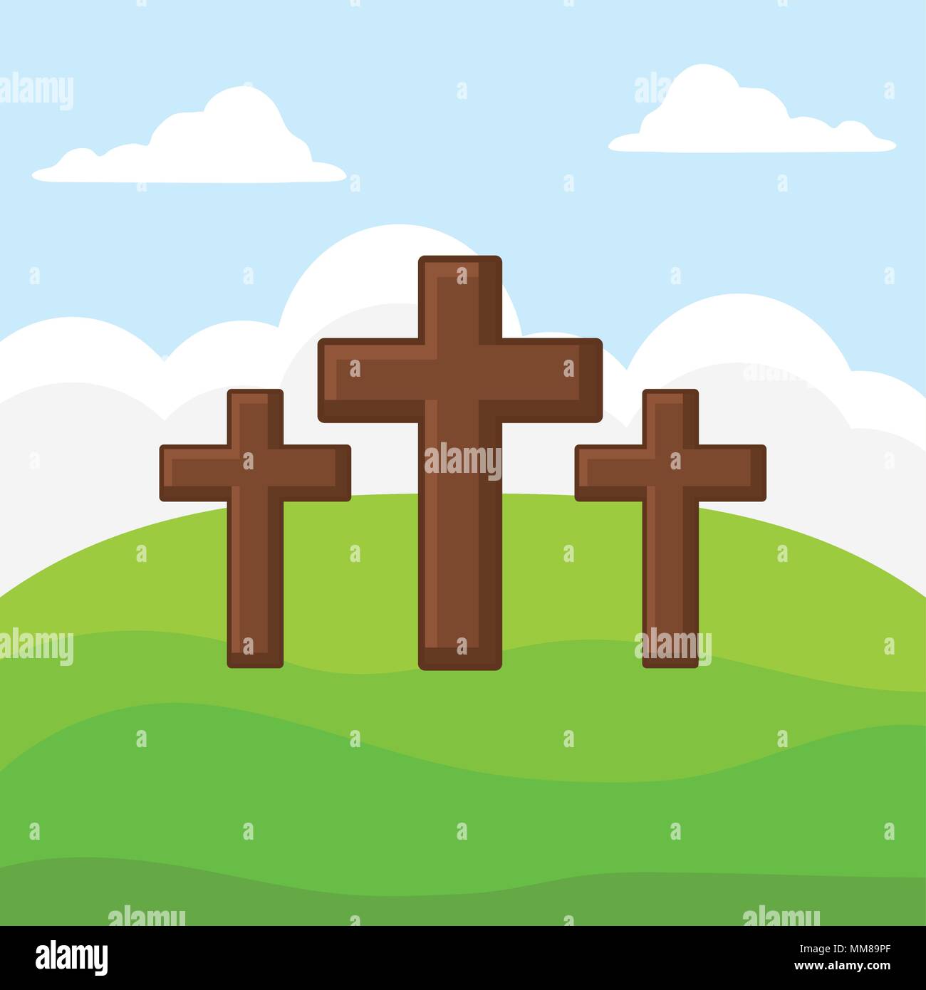 three religious crosses over landscape background, colorful design ...