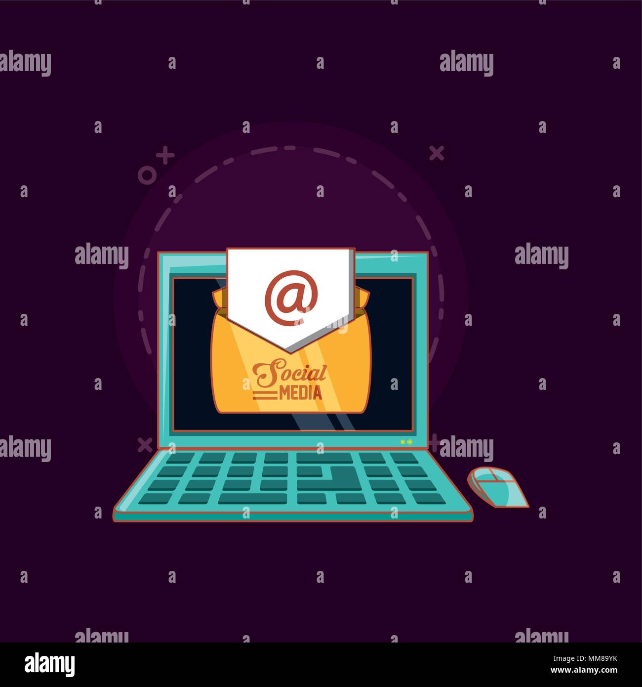 social media design with laptop computer and over background, colorful ...