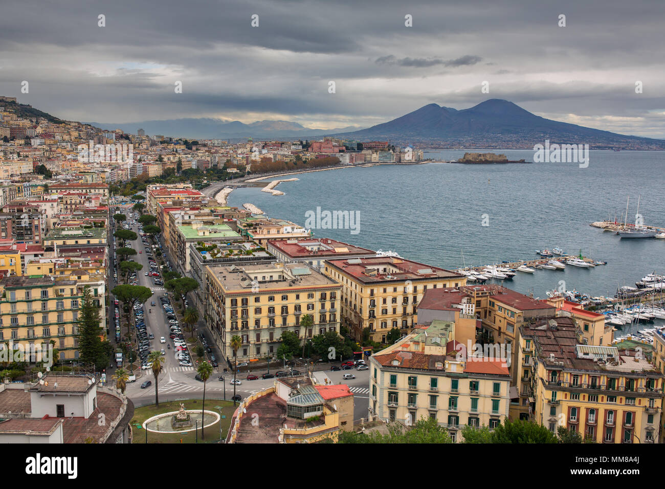 Panorama of Naples, view of the port in the Gulf of Naples and Mount ...