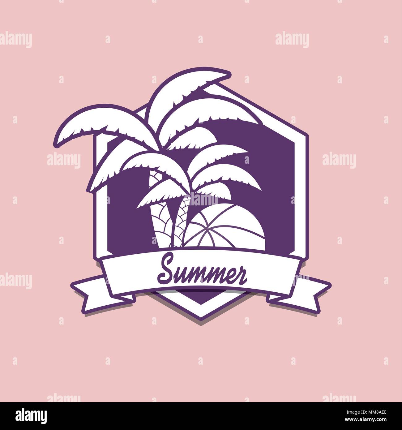 Summer emblem with palms and pool ball over pink background, colorful ...