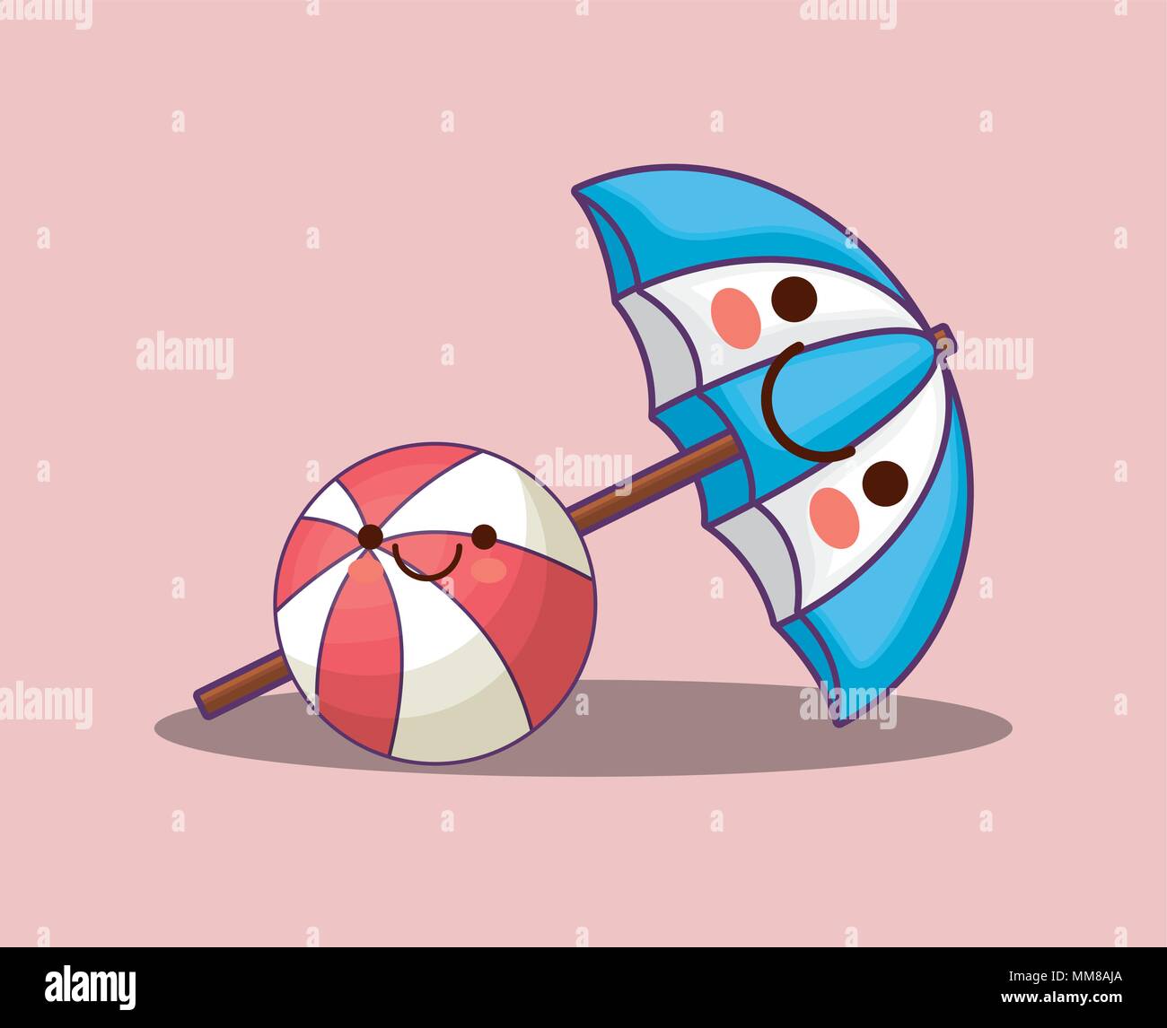 kawaii pool ball and beach parasol over pink background, colorful ...