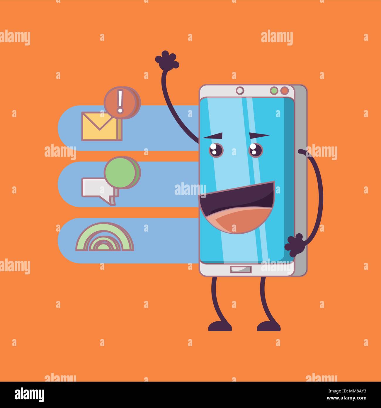 cartoon happy smartphone with social media related icons over orange ...