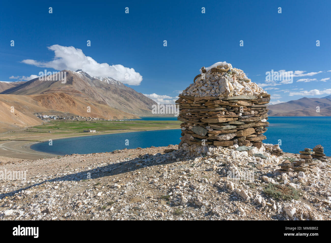 Simple Buddhist stone stupa near the Karzok village and Tso Moriri Lake ...