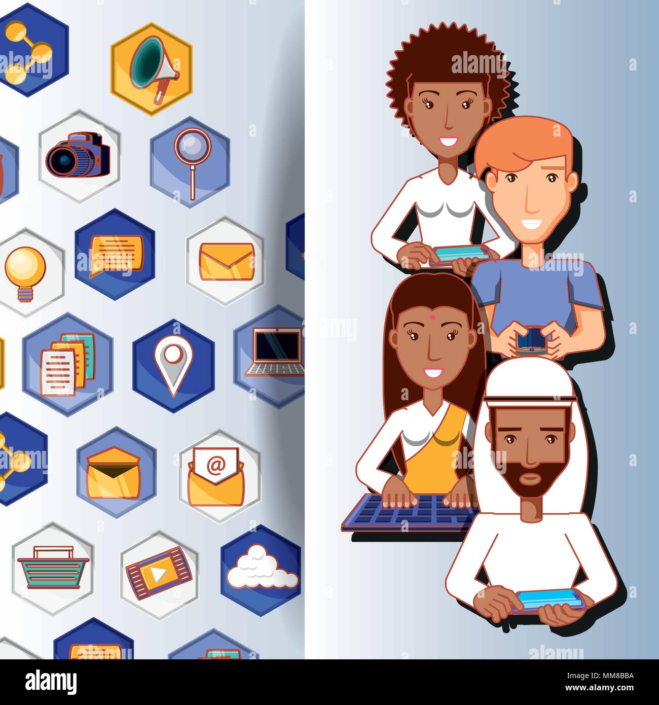 people of different ethnic groups with social media icons vector ...