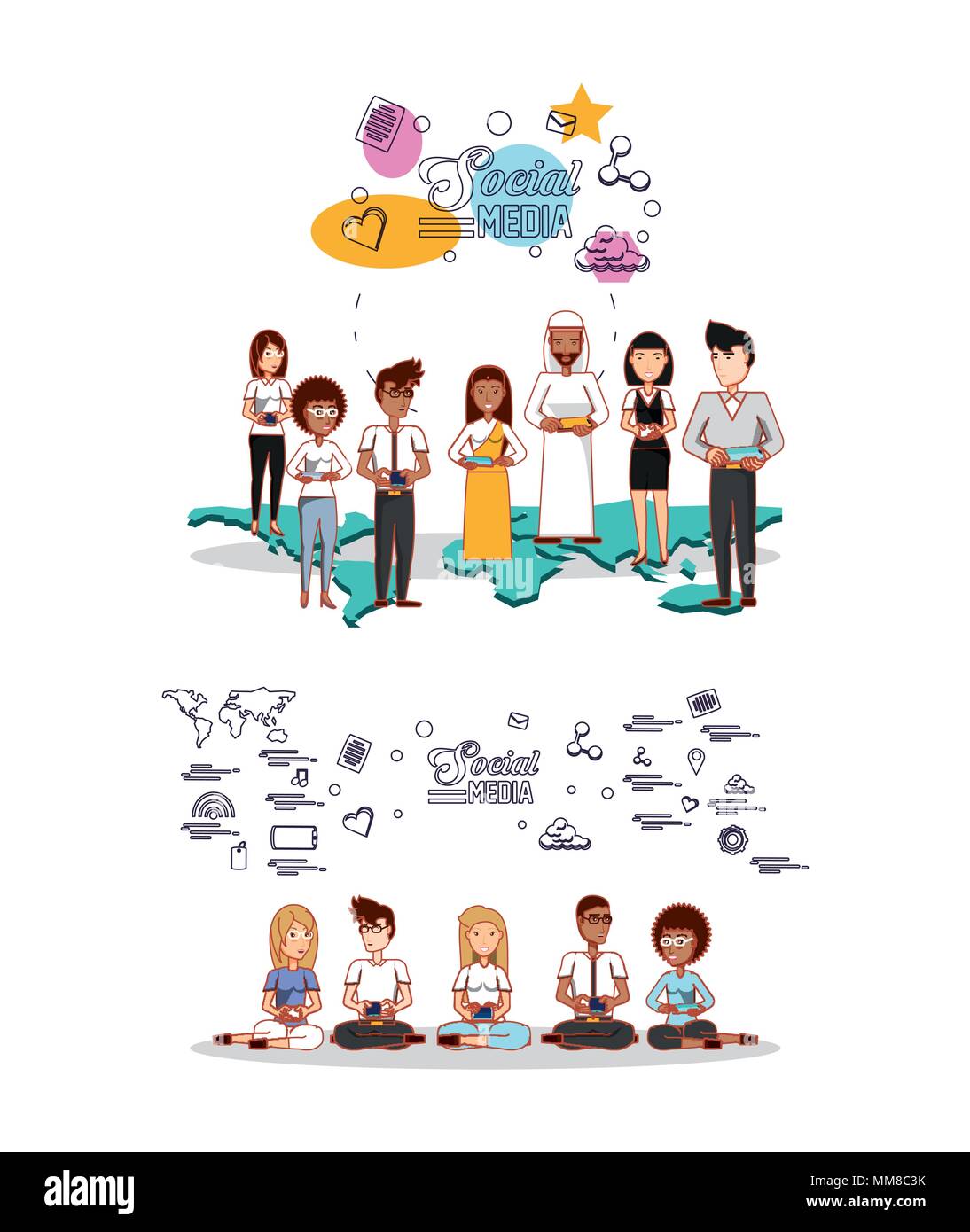 people of different ethnic groups with social media icons vector ...