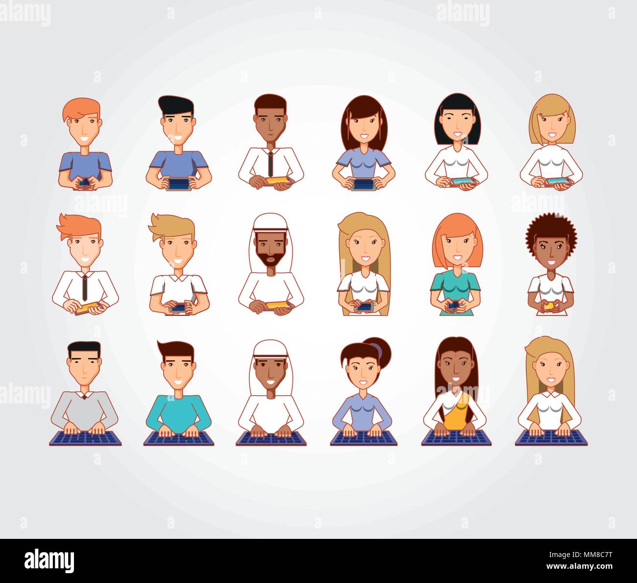 people of different ethnic groups with social media icons vector ...