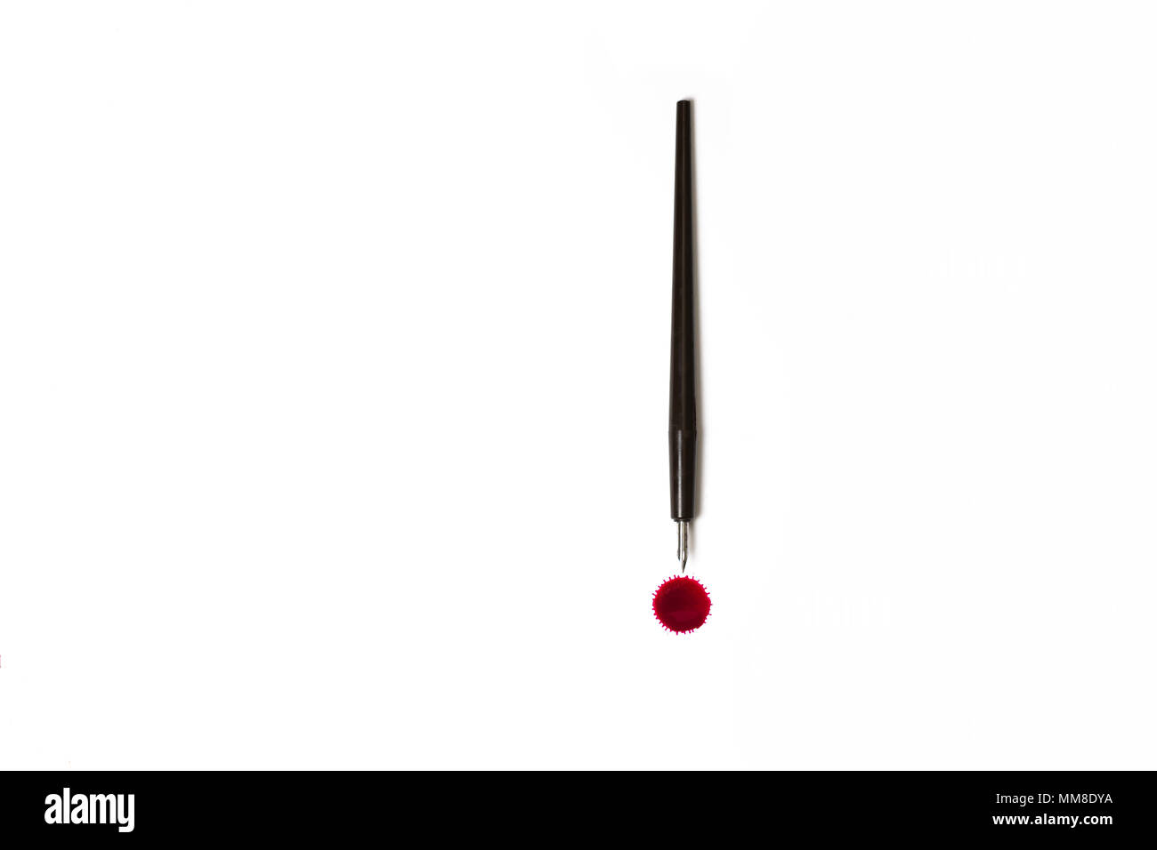 exclamation point formed from fountain pen and splattered red ink dot ...