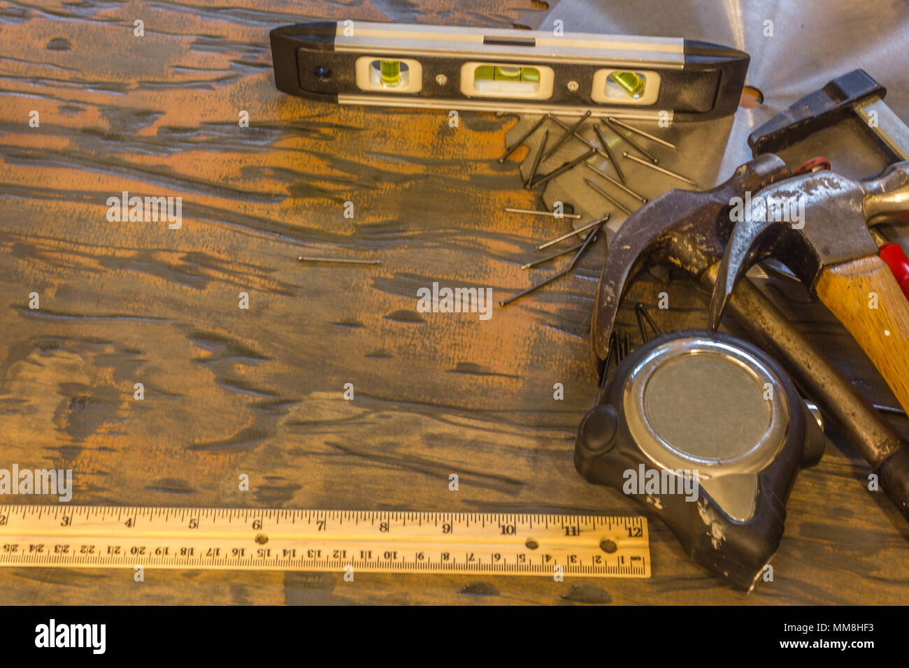 wood grain table with workman tools Stock Photo - Alamy