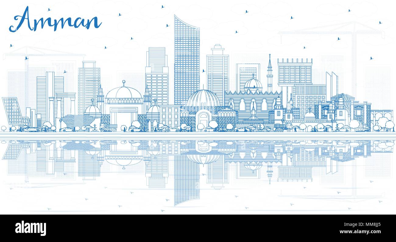 Outline Amman Jordan Skyline with Blue Buildings and Reflections ...