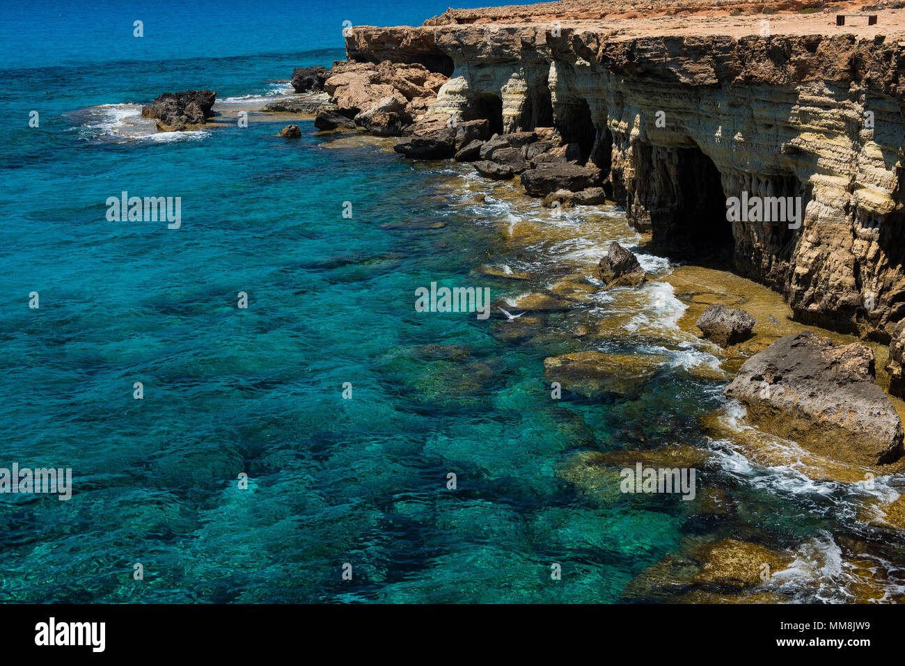 Sea caves (littoral caves) near Ayia Napa, Mediterranean sea coast ...