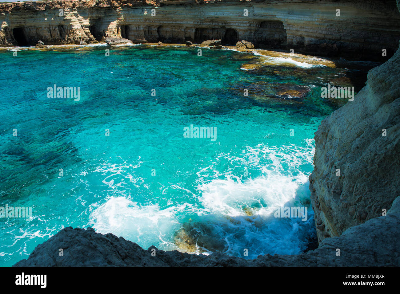 Sea caves (littoral caves) near Ayia Napa, Mediterranean sea coast ...
