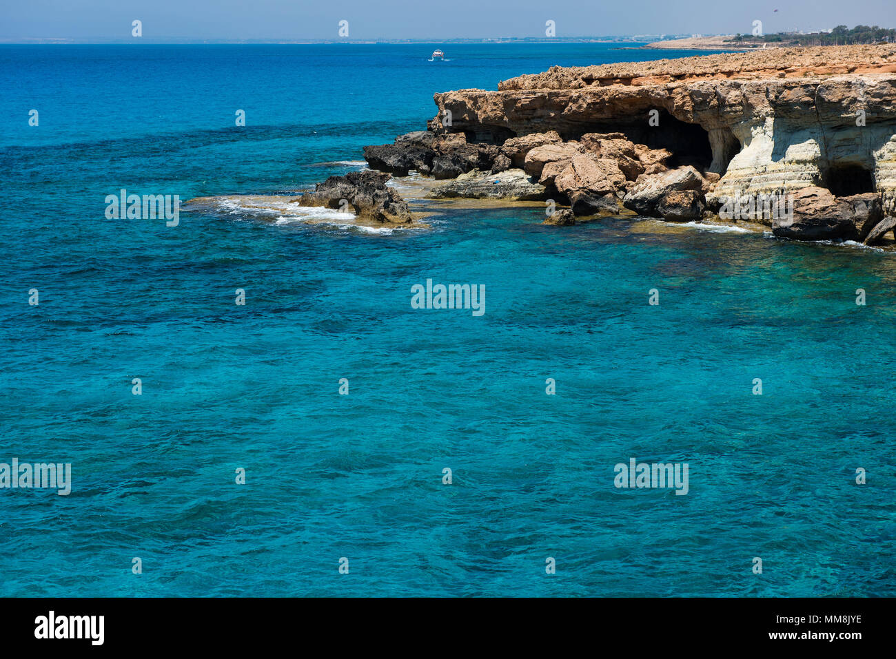 Sea caves (littoral caves) near Ayia Napa, Mediterranean sea coast ...
