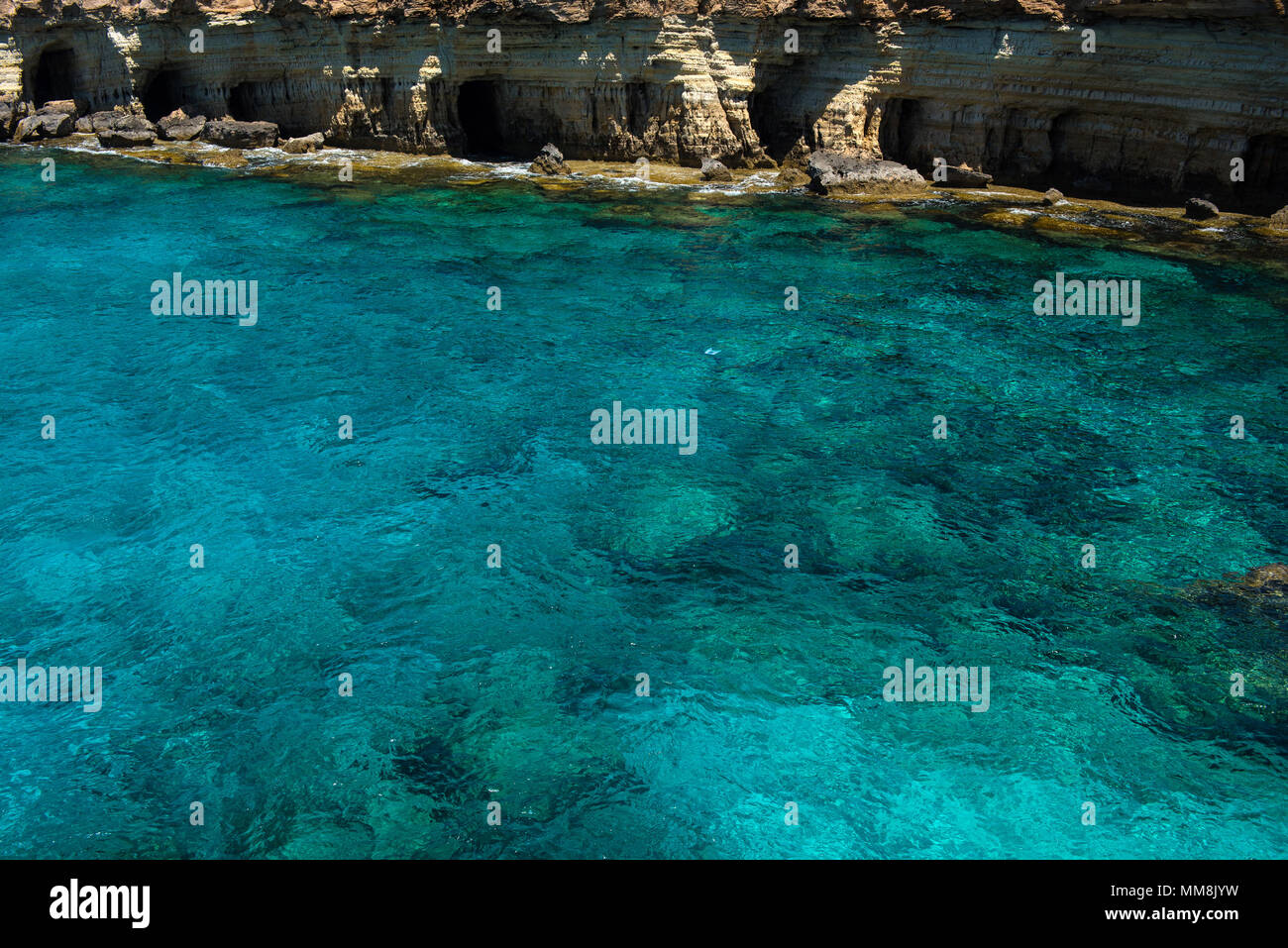 Sea caves (littoral caves) near Ayia Napa, Mediterranean sea coast ...