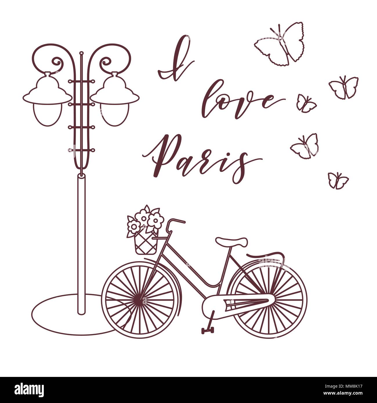 Bicycle with a basket of flowers, lantern, butterflies. The inscription ...